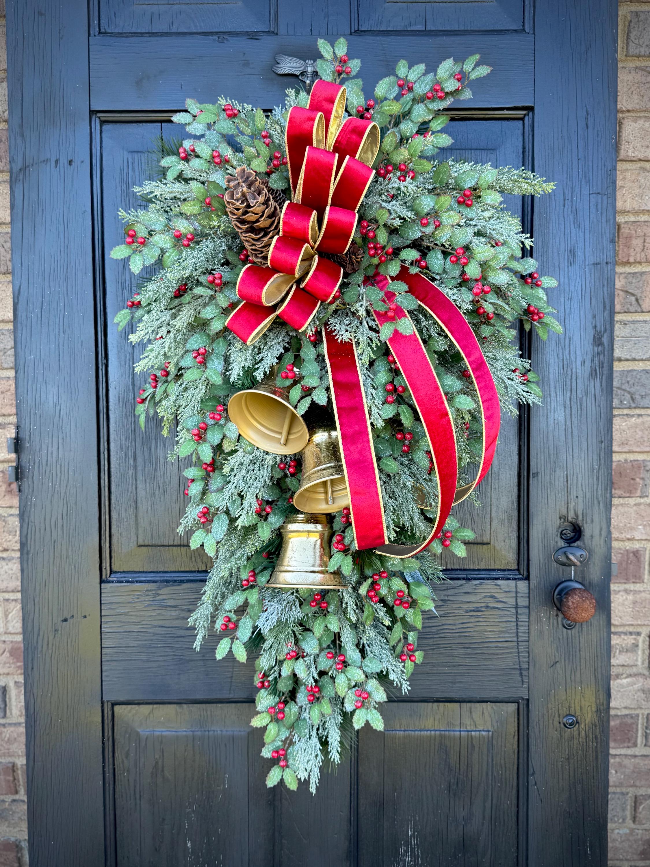 Christmas Holly Swag Wreath With Red Velvet Bow, Gold Bells, and ...