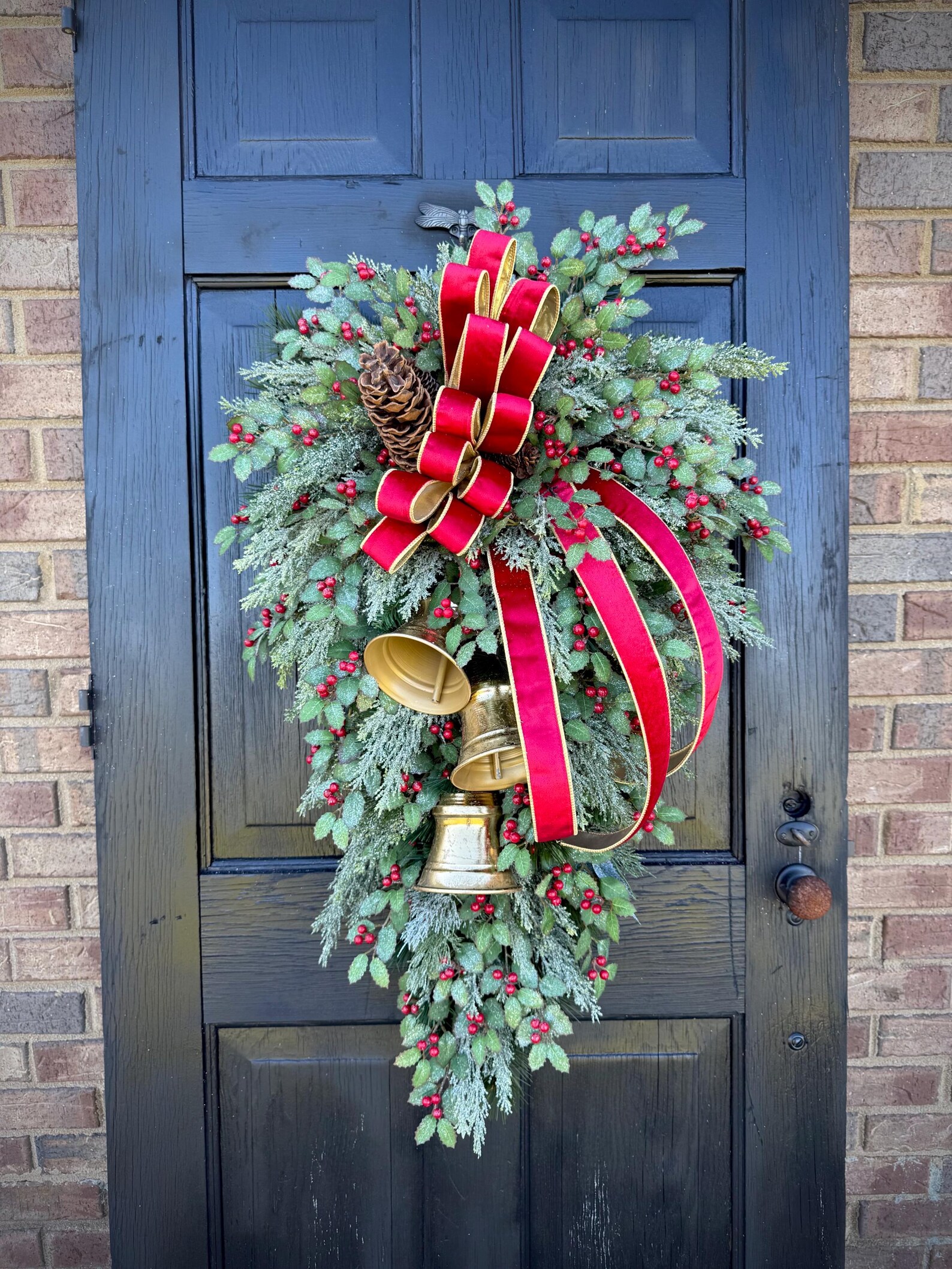 Christmas Holly Swag Wreath With Red Velvet Bow, Gold Bells, and ...