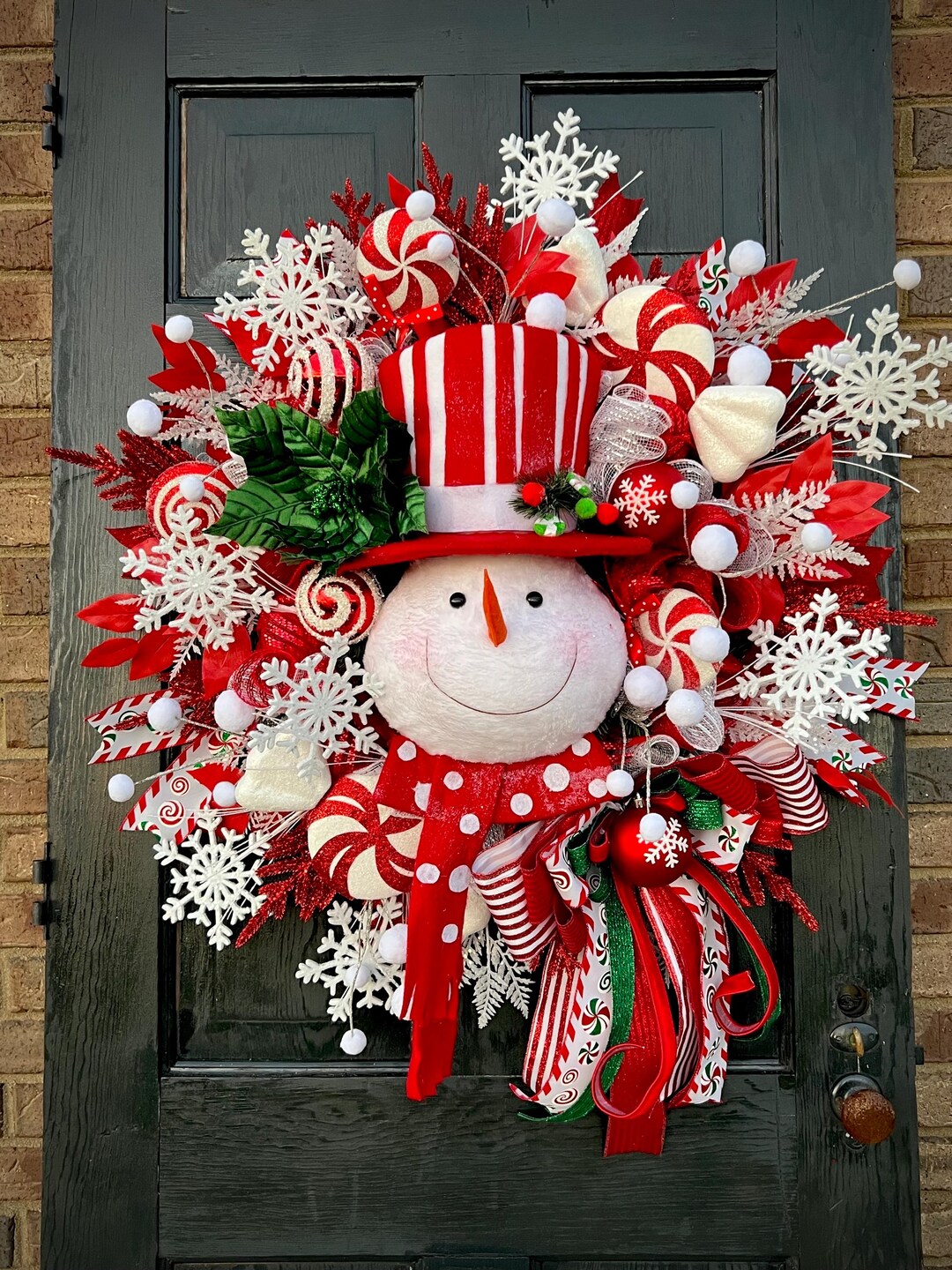 Handmade Snowman Christmas Wreath Whimsical Peppermint & Snowflake ...