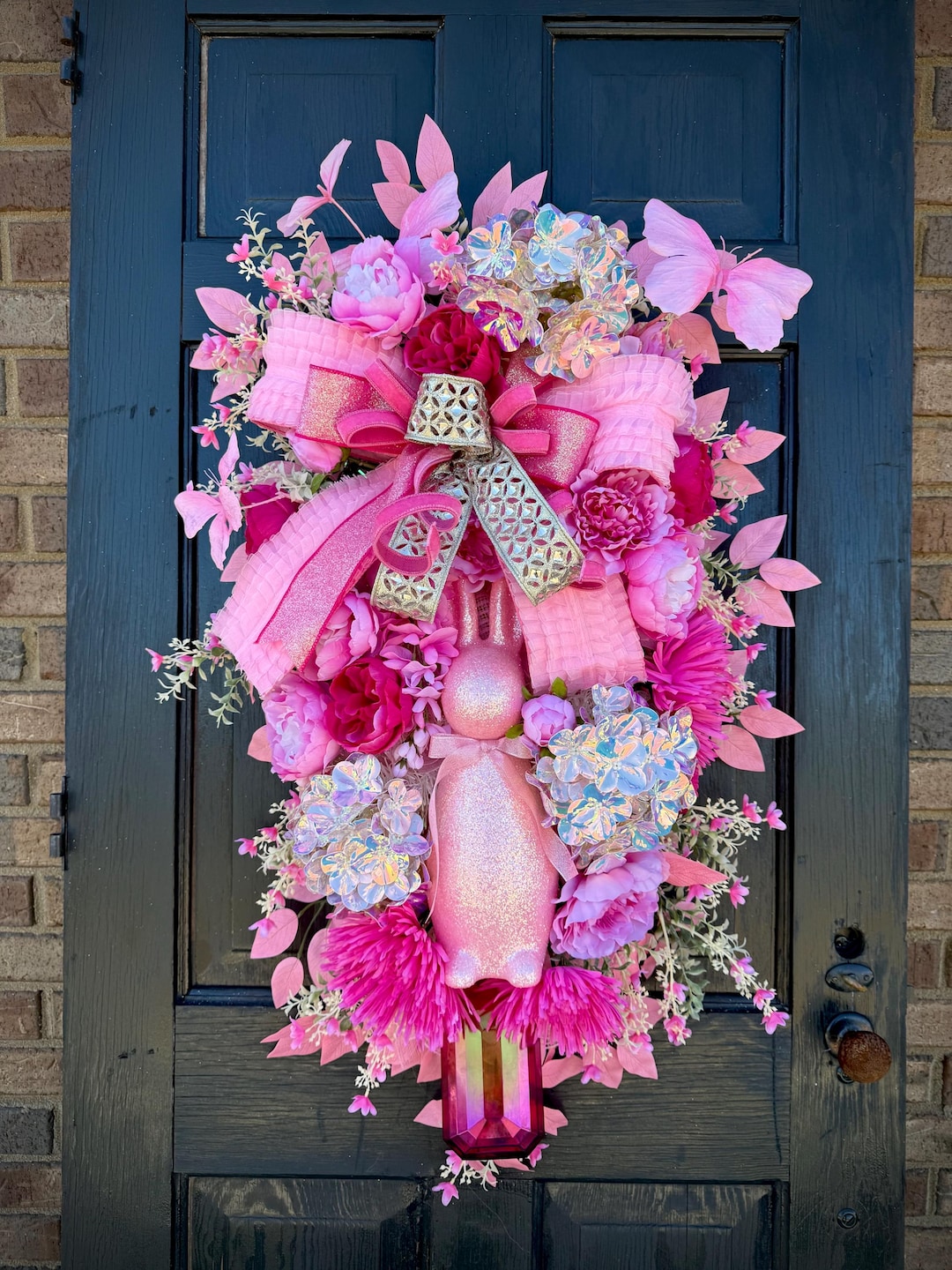 Pink Easter Bunny Swag, Spring Door Decor, Handmade Floral Wreath ...