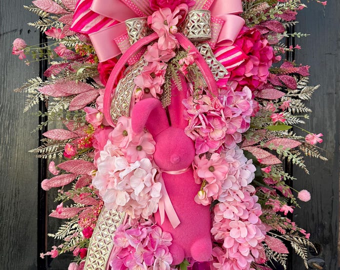 Pink Spring Door Swag - Handmade Easter Bunny Wreath With Hydrangeas ...