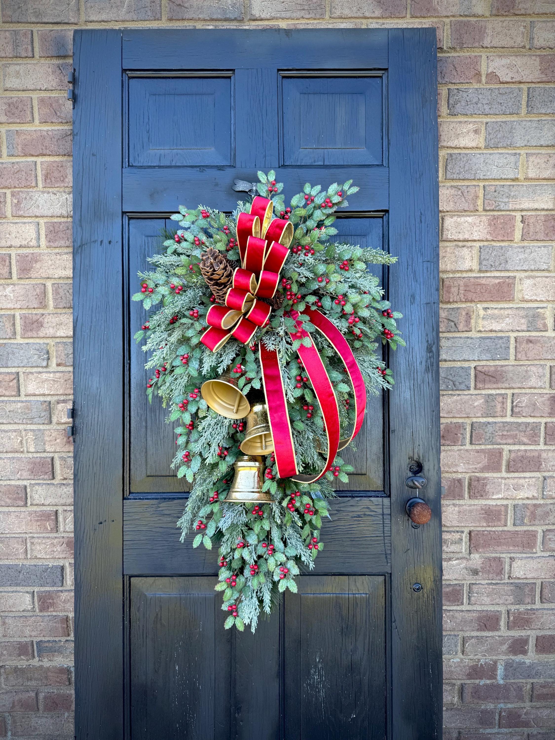 Christmas Holly Swag Wreath With Red Velvet Bow, Gold Bells, and ...