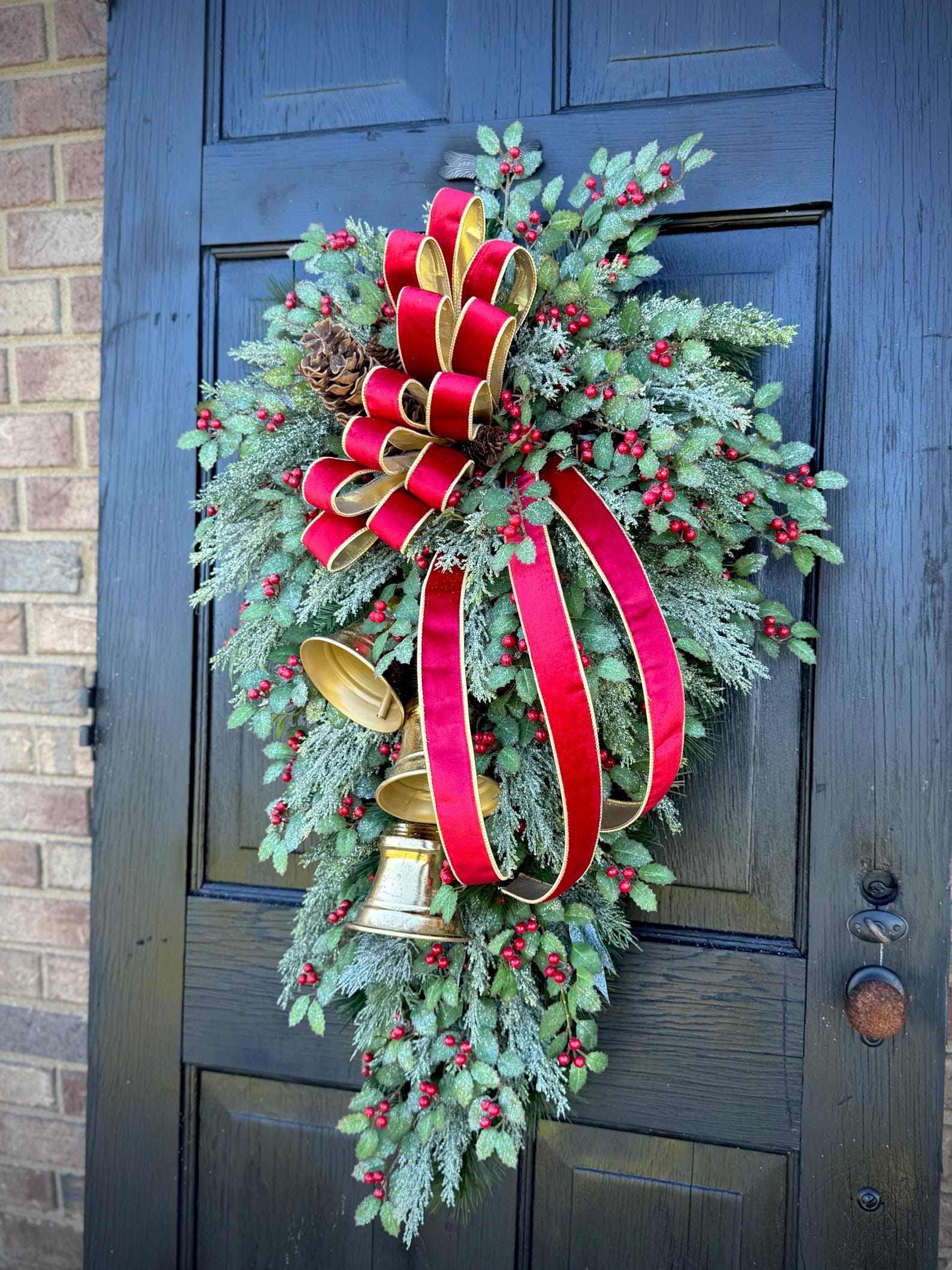 Christmas Holly Swag Wreath With Red Velvet Bow, Gold Bells, and ...
