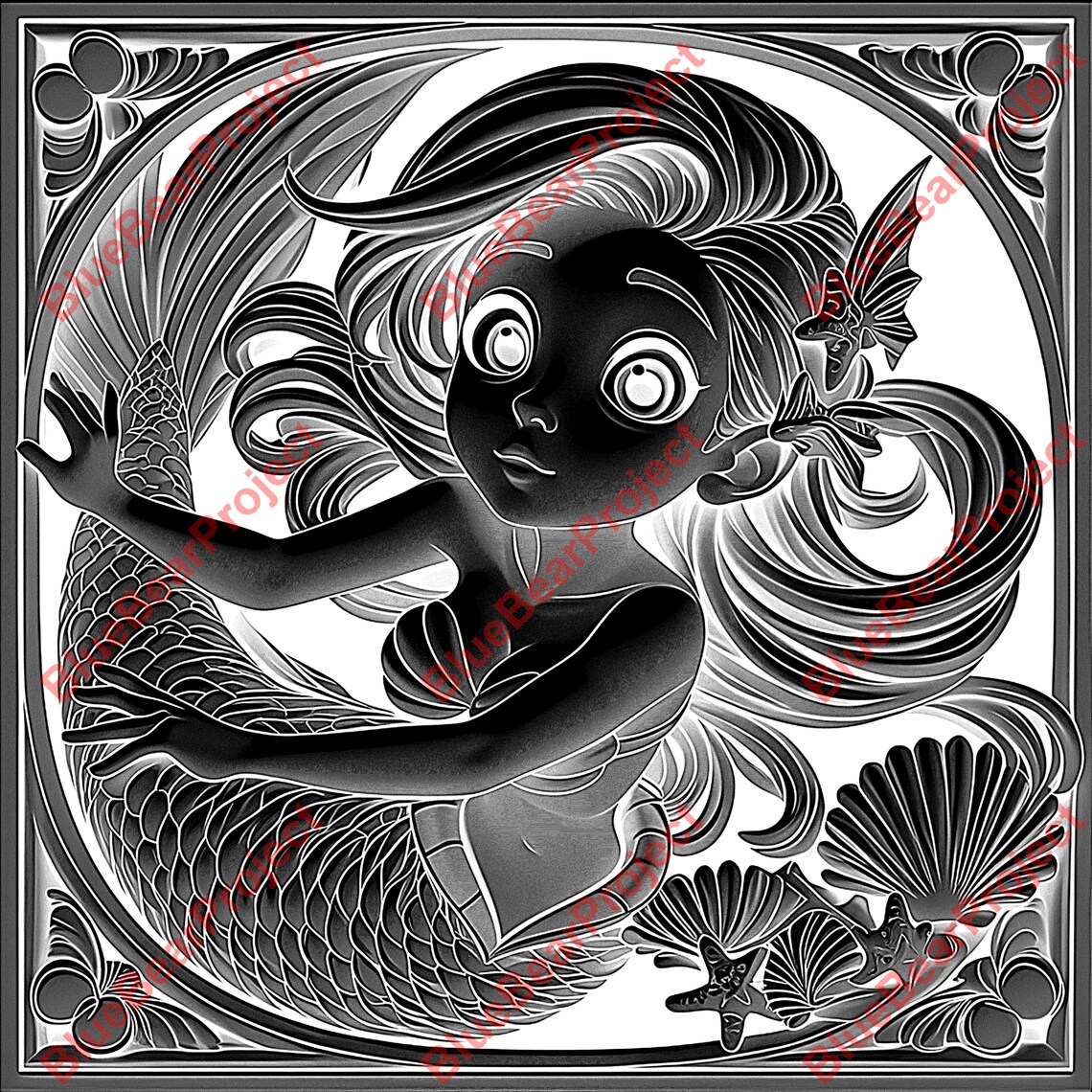 Cute Baby Mermaid PNG, Laser Engrave Burn PNG File Ready for Engraving ...