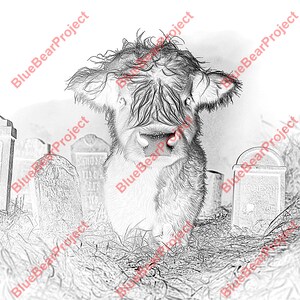 Cute Highland Cow on Graveyard PNG, Laser Engrave Digitial File for ...