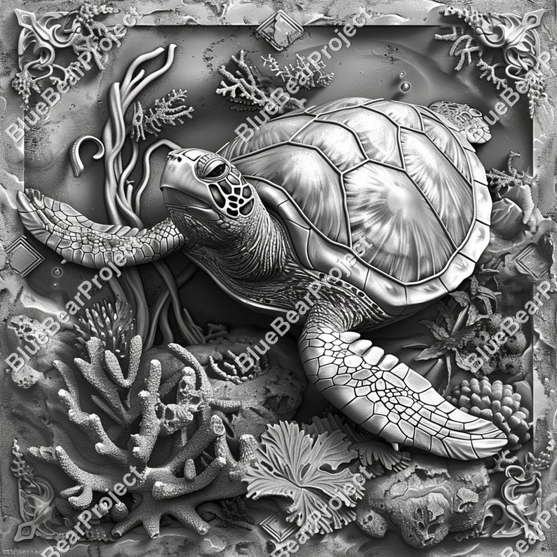 Sea Turtle & Coral Reef Laser Engrave Burn PNG PNG File Ready for ...
