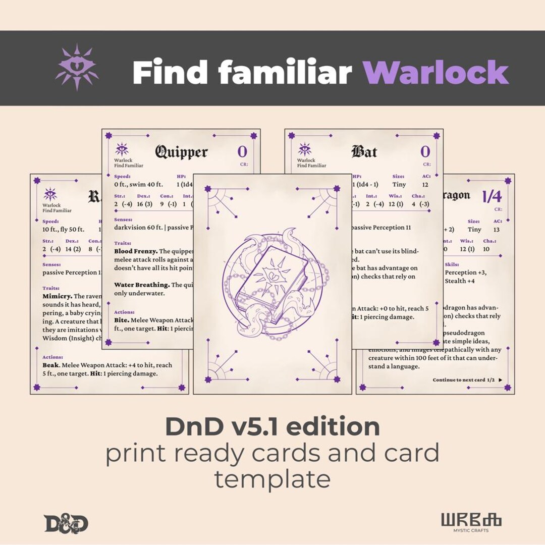 Dnd Find Familiar Warlock Beast Cards 2014, Fillable Form (digital ...