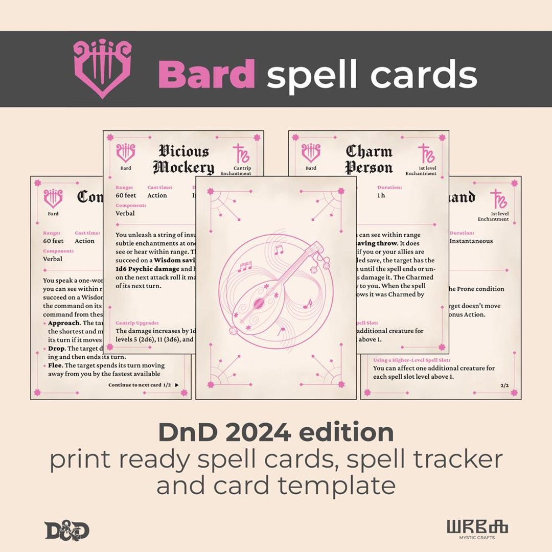 Dnd Bard Spell Cards 2024, Blank Card and Spell Tracker (digital ...