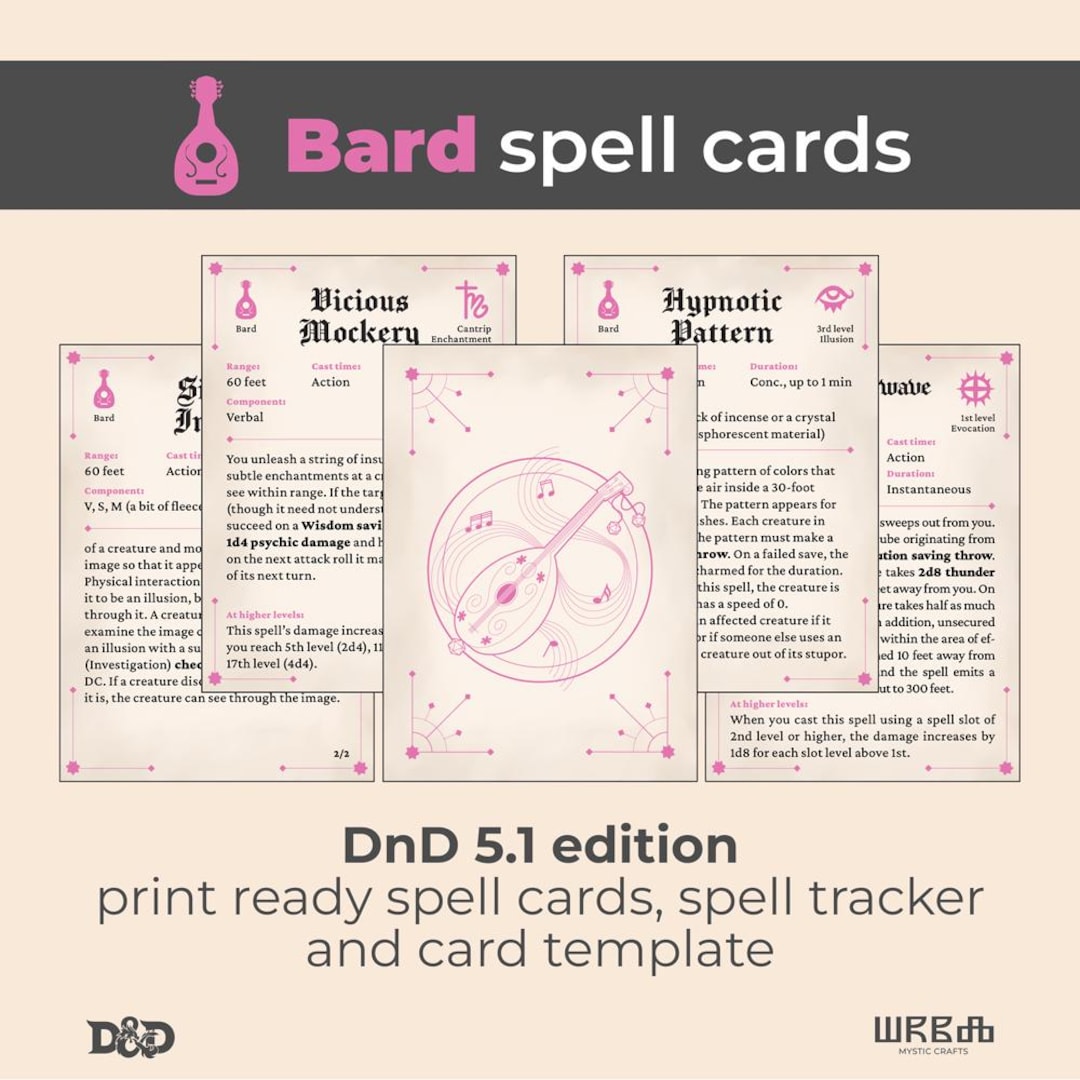 Dnd Bard Spell Cards | Download and Print Spell Cards | Fillable Form ...