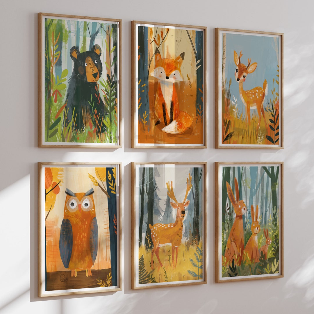 Six Bundle Set Art of a Fox, Stag, Bear, Owl, Rabbit and Fawn Woodlands ...