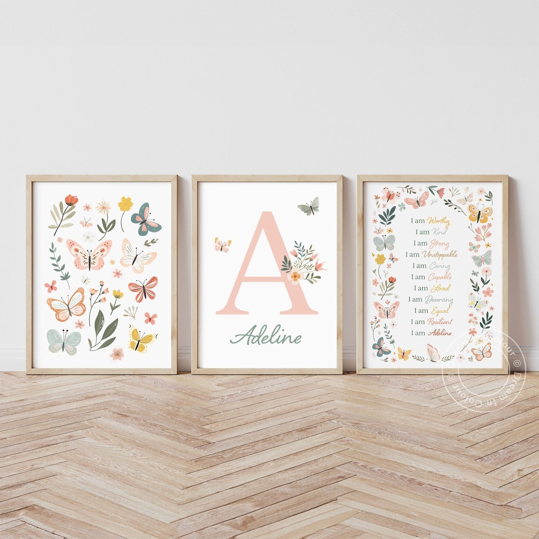 Butterfly Nursery Art Prints: Floral Name Art, Set of 3 (digital ...