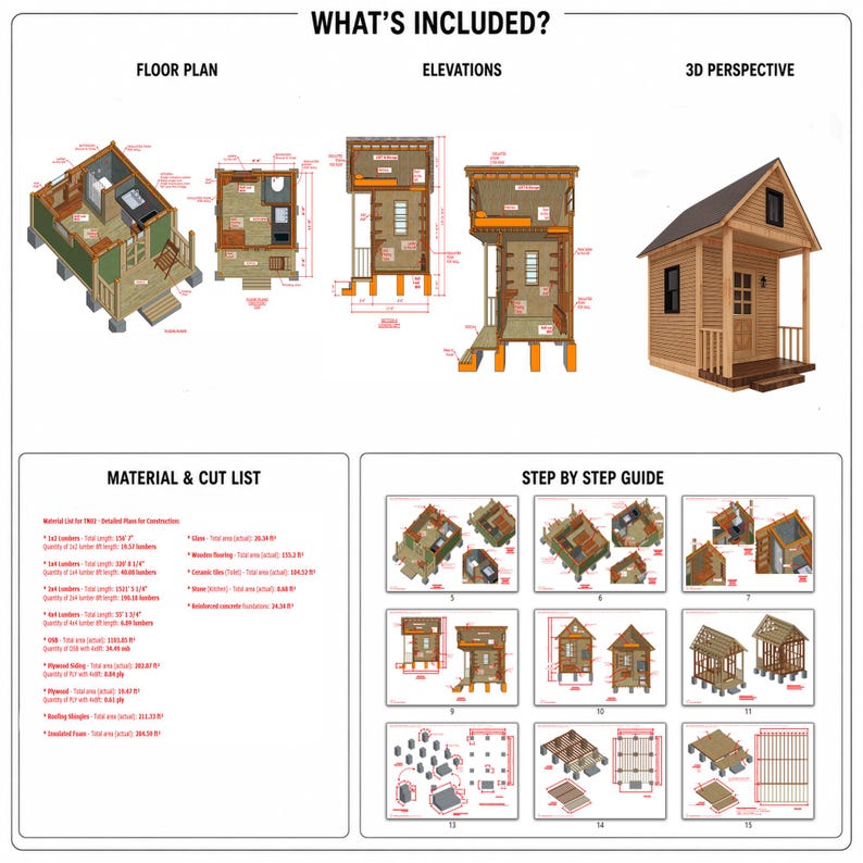 Small Cabin Plans PDF | Tiny House Plan, Modern Cottage Blueprint, DIY ...