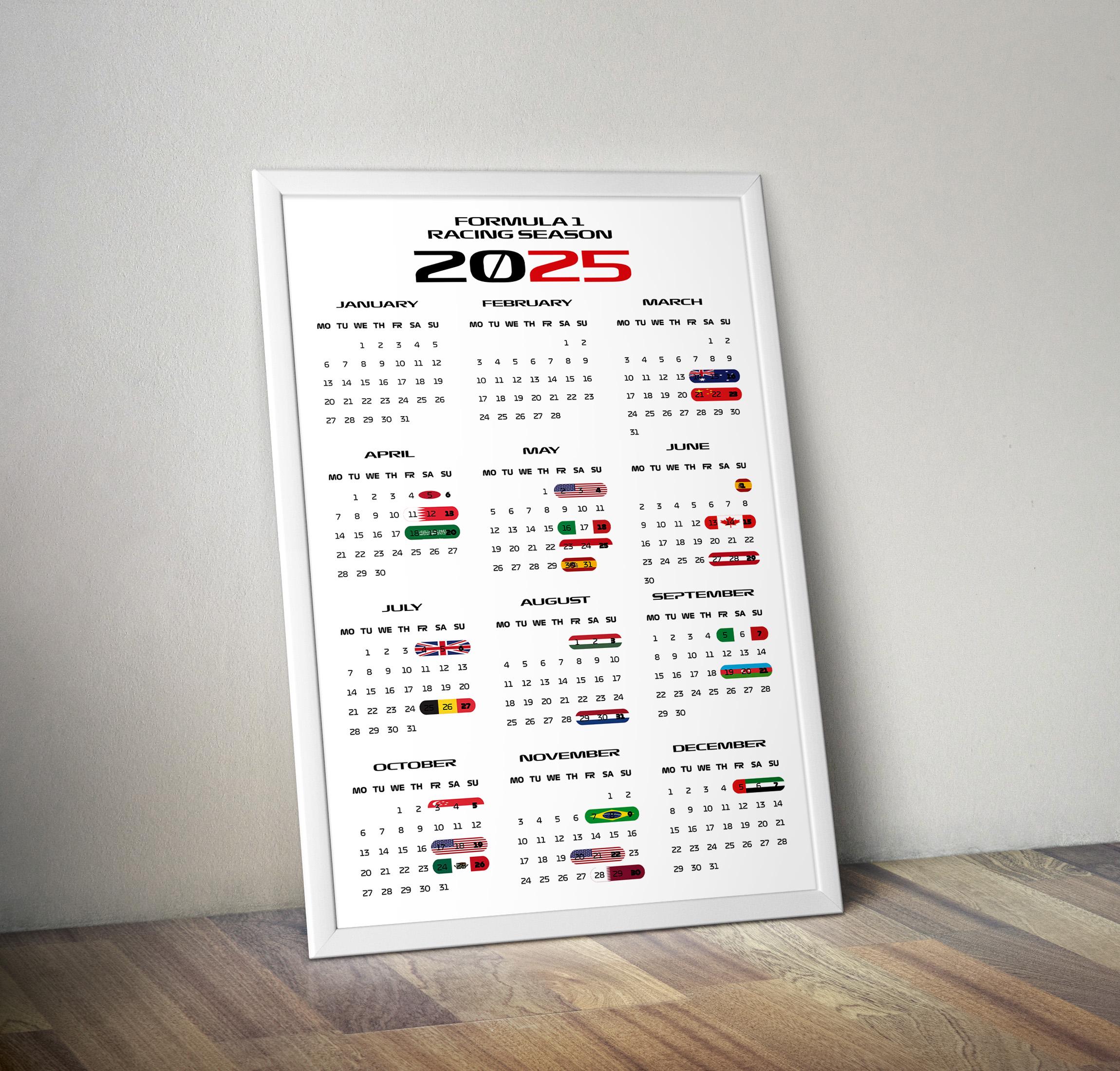 Formula 1 2025 Year Calendar Raceday Poster - Country Flags [digital ...