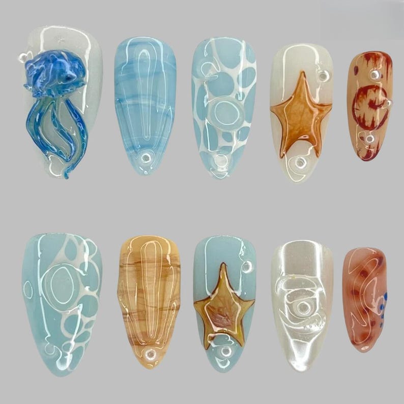 Pink Ocean-inspired 3D Press on Nails Beach Theme With Seashells and ...
