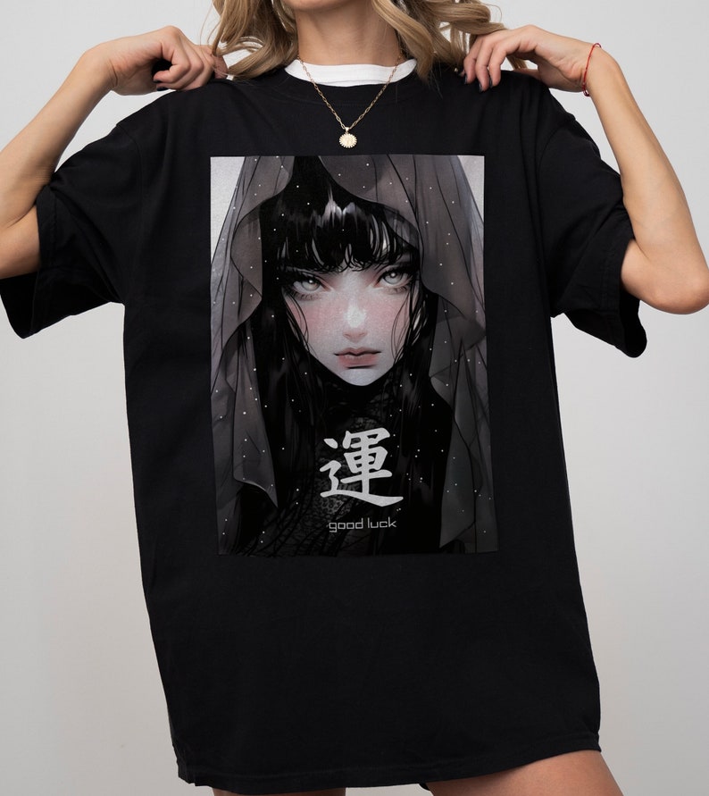 Anime Goth Girl T-shirt Good Luck Symbol Japanese Streetwear Soft ...
