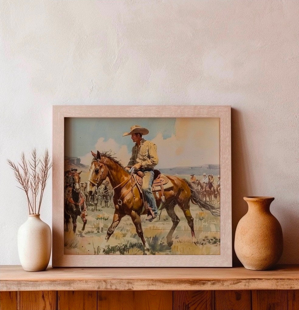 Western Cowboy Oil Painting Rustic Wall Art Digital Vintage Prints Wall ...