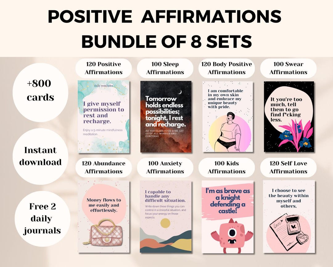 Positive Affirmation Cards Bundle of 8 Sets, Mindfulness and Motivational Cards With Free Daily ...