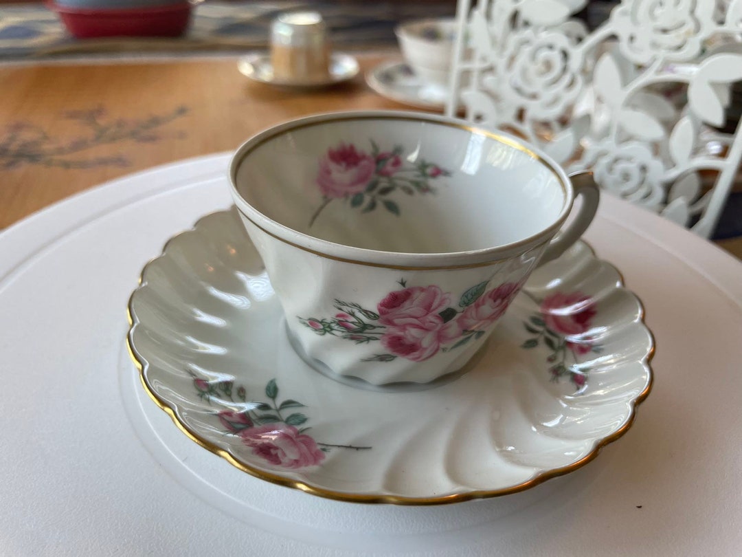 Vintage Porsgrund Norway Teacup and Saucer Pink Roses Swirl Pattern ...