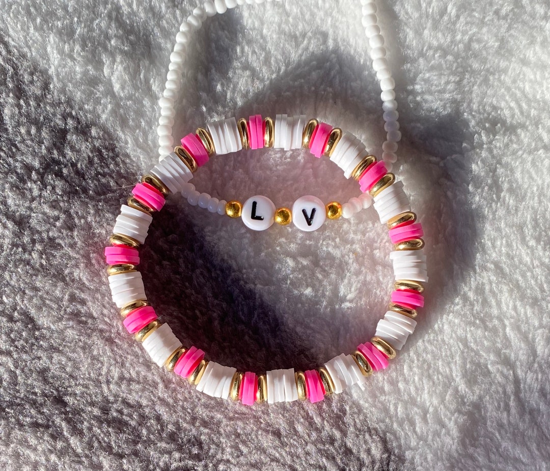 Personalizable Initials Preppy Striped Pink Bracelet Set - Etsy