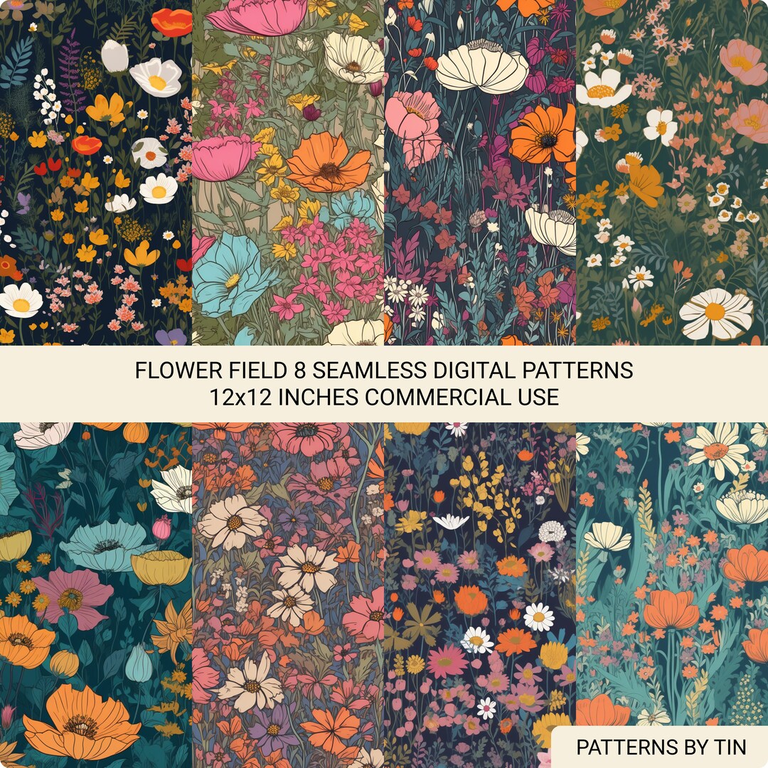 8 Flower Field Digital Patterns, Flower Field Scrapbook Paper, Flower ...