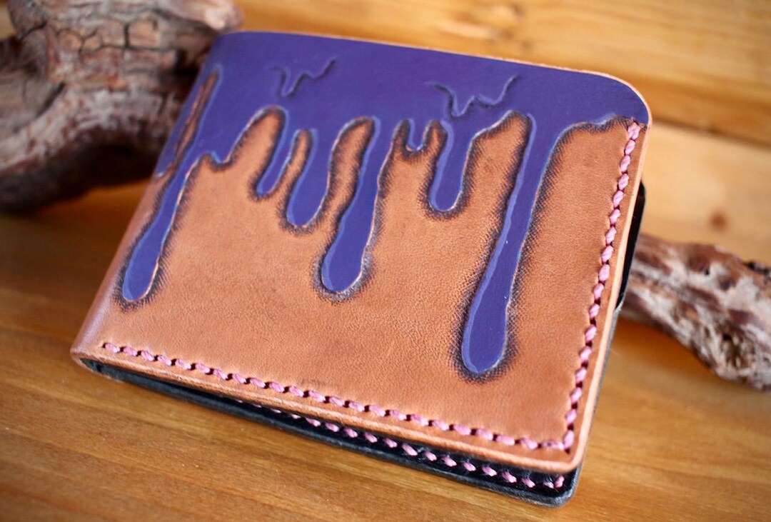 Handmade Leather Wallet With a Purple Paint Splash Pattern. Hand ...