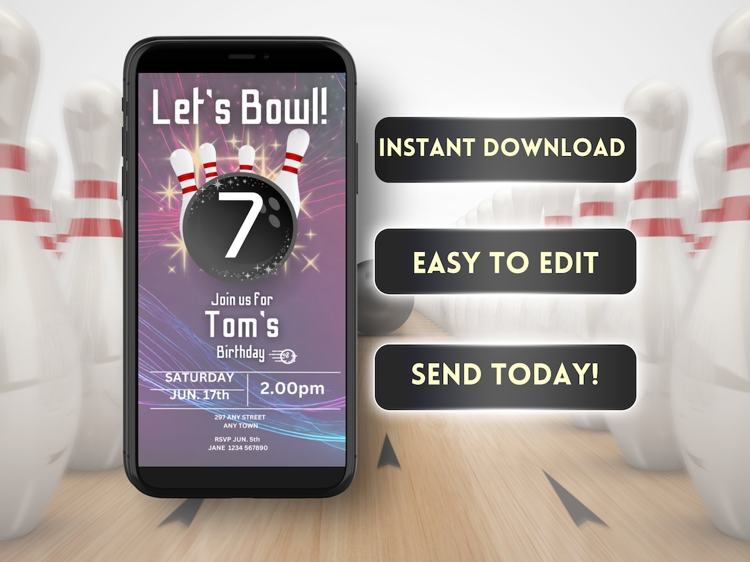 Bowling Party Invite | Digital Invite Template for Canva | Editable ...