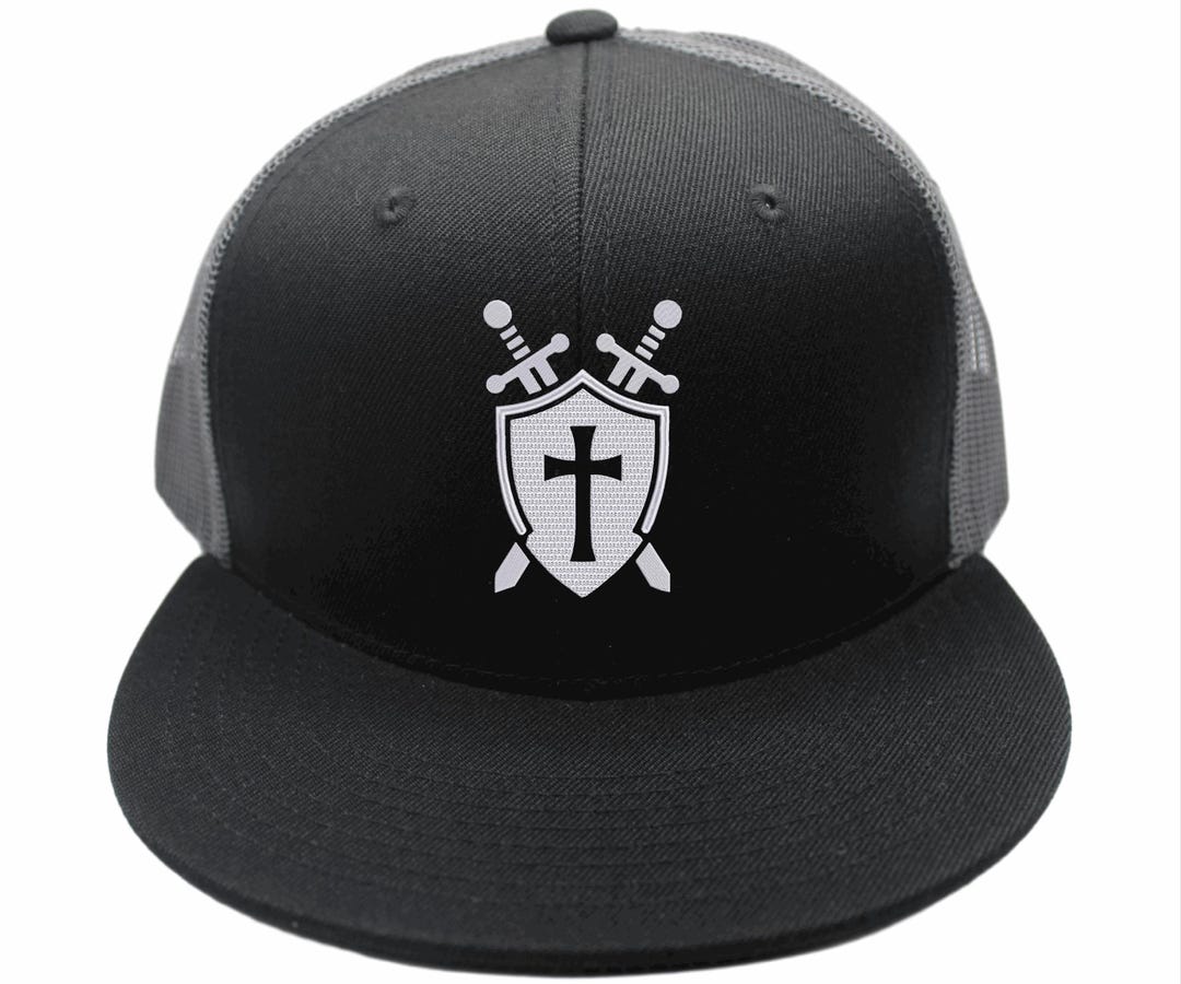 Cross in Shield Swords Medieval Christian Trucker Embroidered Flat Bill ...