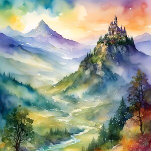 Glass Castle, Mountains, Trees, Watercolor, Wall Art, Digital Art ...