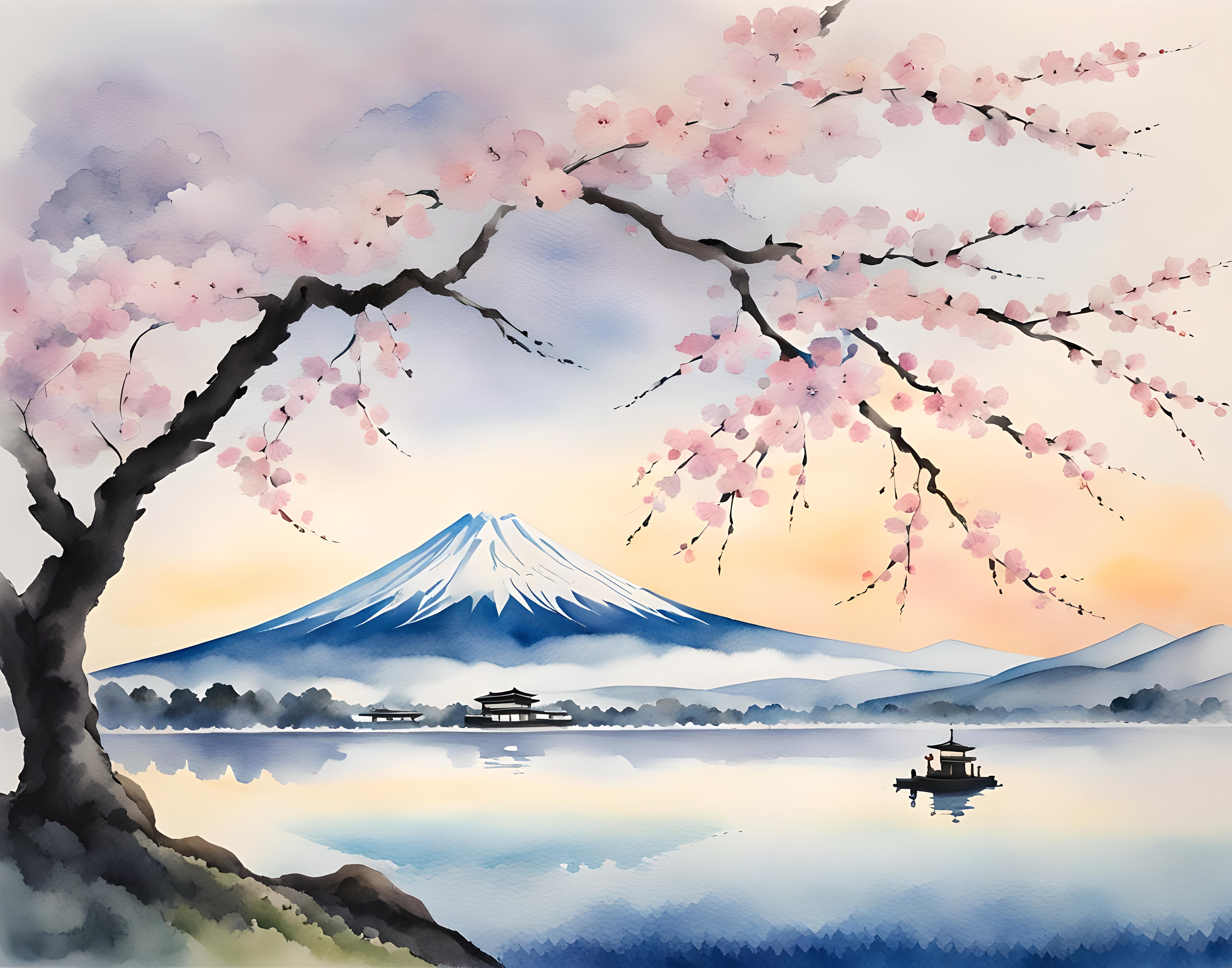 Watercolor, Muted, Lake, Cherry Tree in Blossom, Mountain, Mt Fuji ...