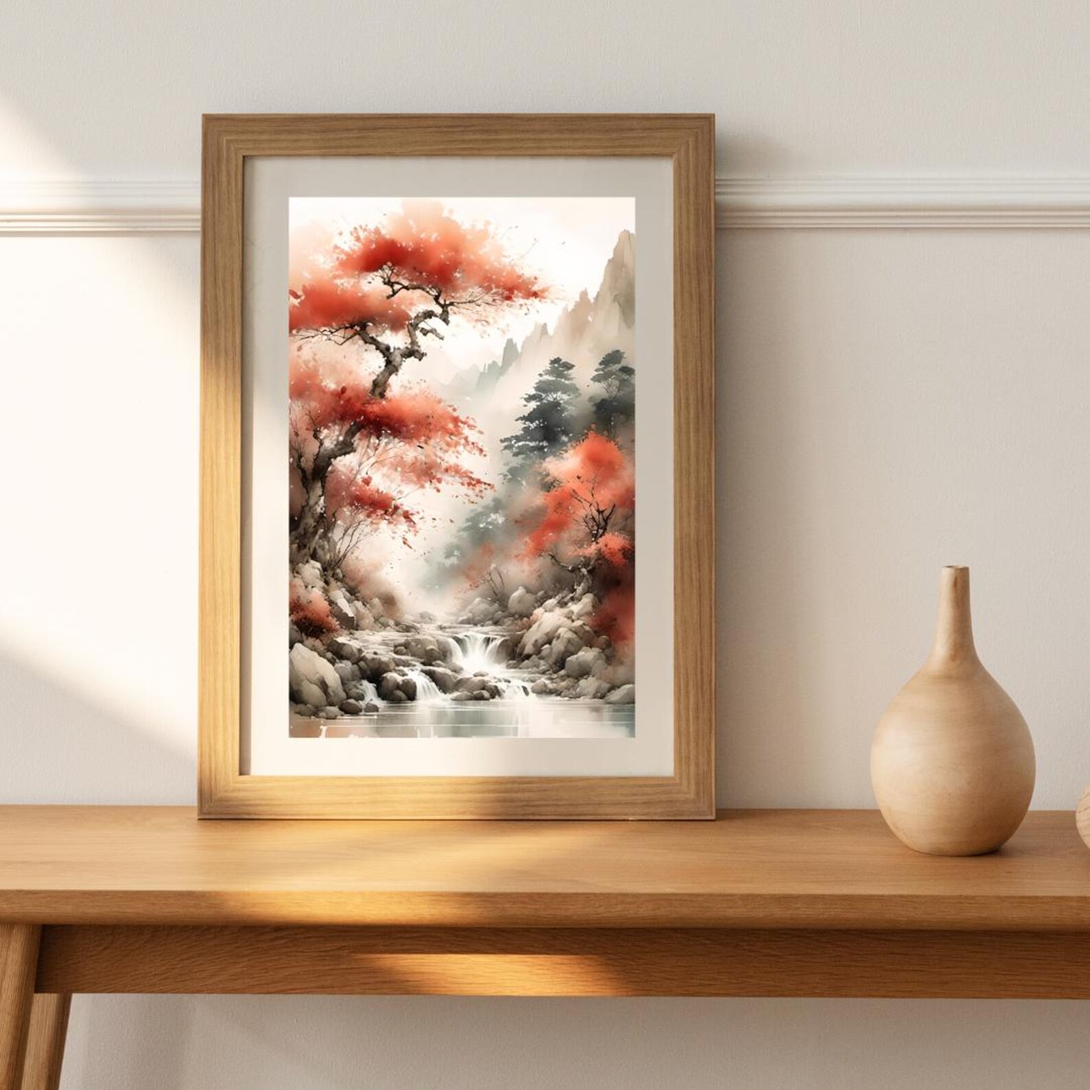 Soft Colors Japandi Wall Decor -red Maple and Waterfall Watercolor ...