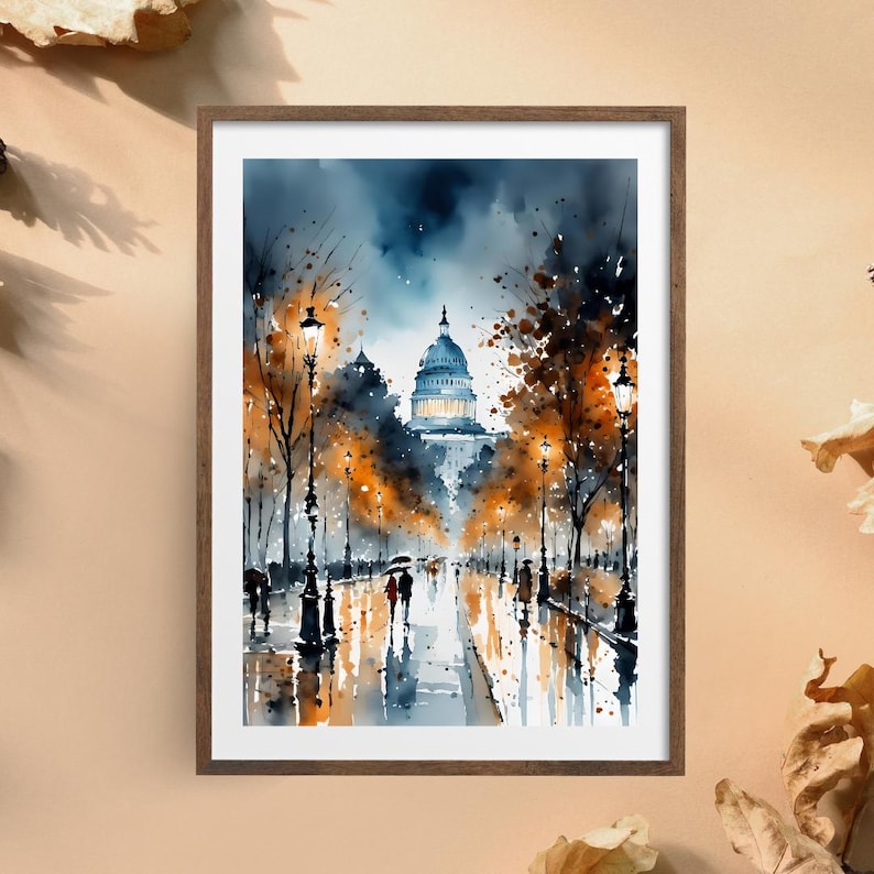 Watercolor Art, Washington DC and Capital, Fall and Autumn, Home Decor ...