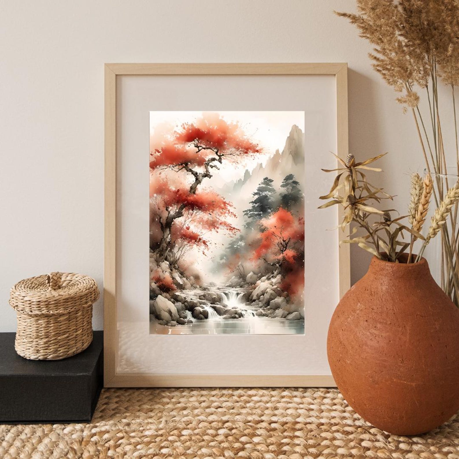 Soft Colors Japandi Wall Decor -red Maple and Waterfall Watercolor ...