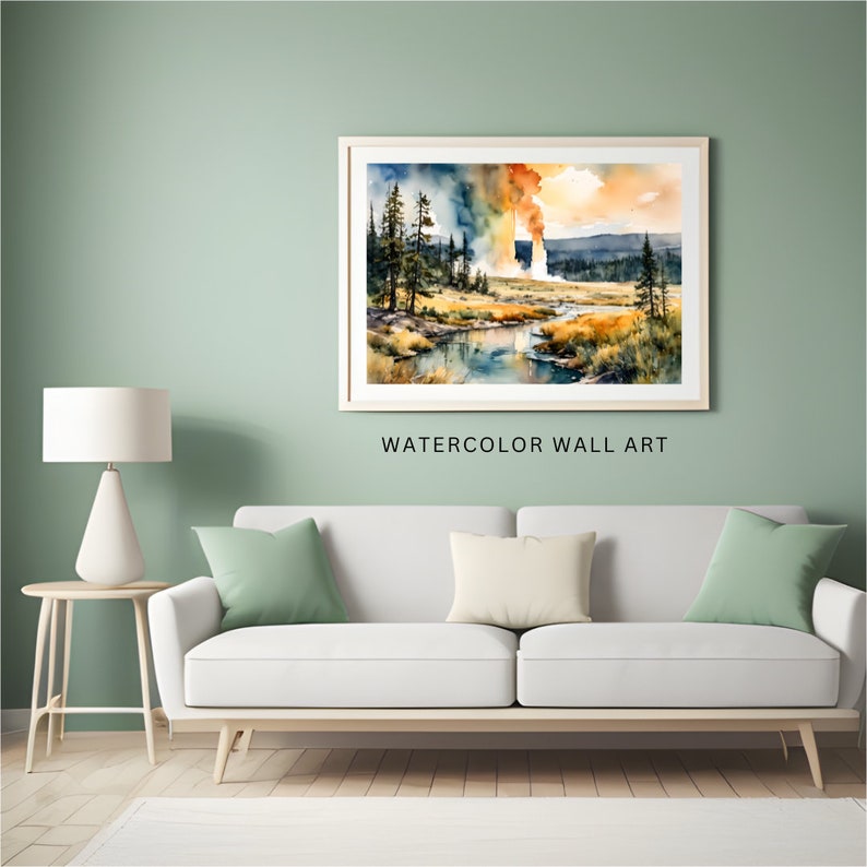 Scenic Yellowstone Painting of Erupting Geyser in Watercolor Landscape ...