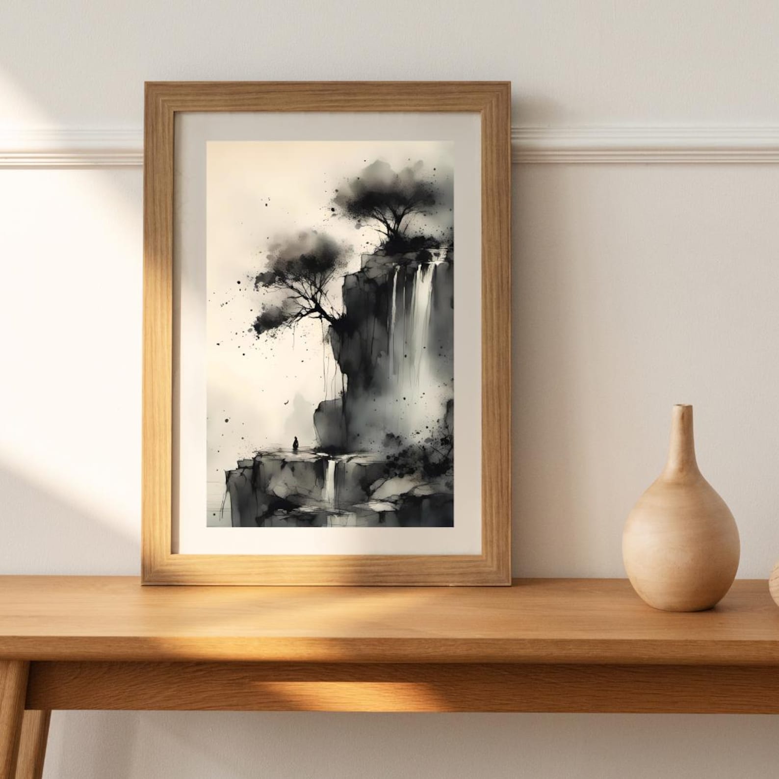 Japanese Mountains Waterfall Art: Pen and Ink Style, Japandi Minimalism ...
