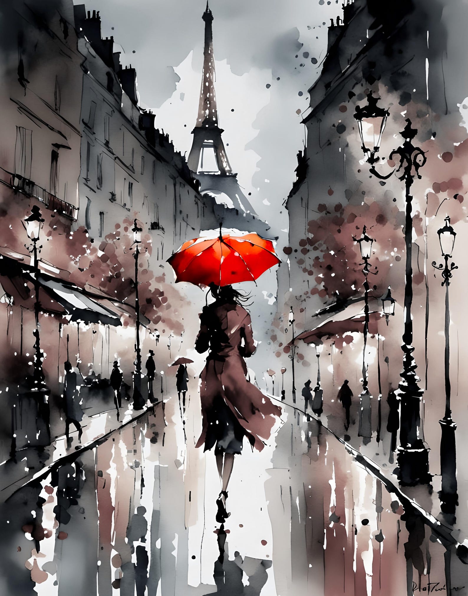 Minimalist Watercolor Lady in Paris With Red Umbrella - Abstract ...
