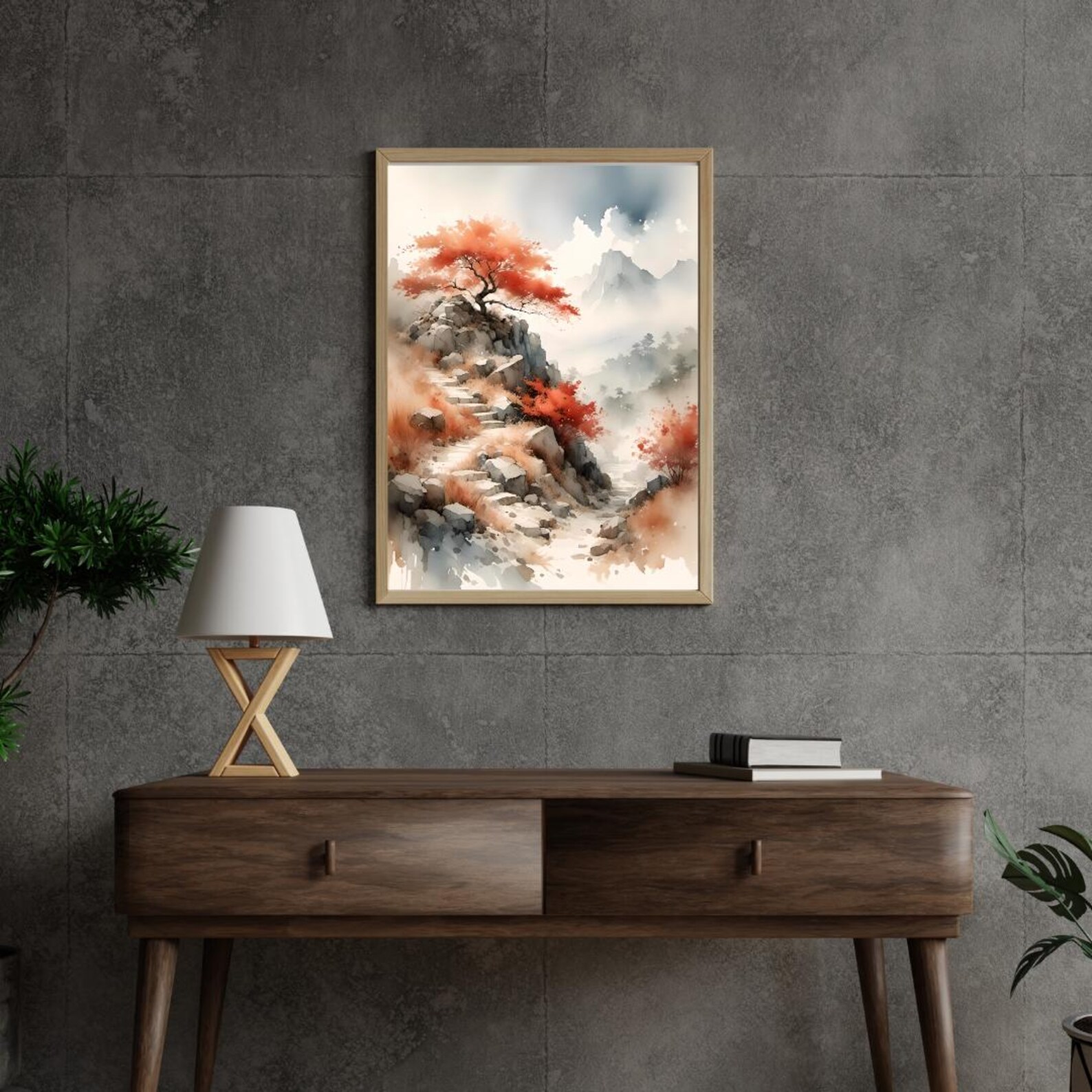 Soft Colors Japandi Wall Decor -red Maple on Cliff, Watercolor Painting ...