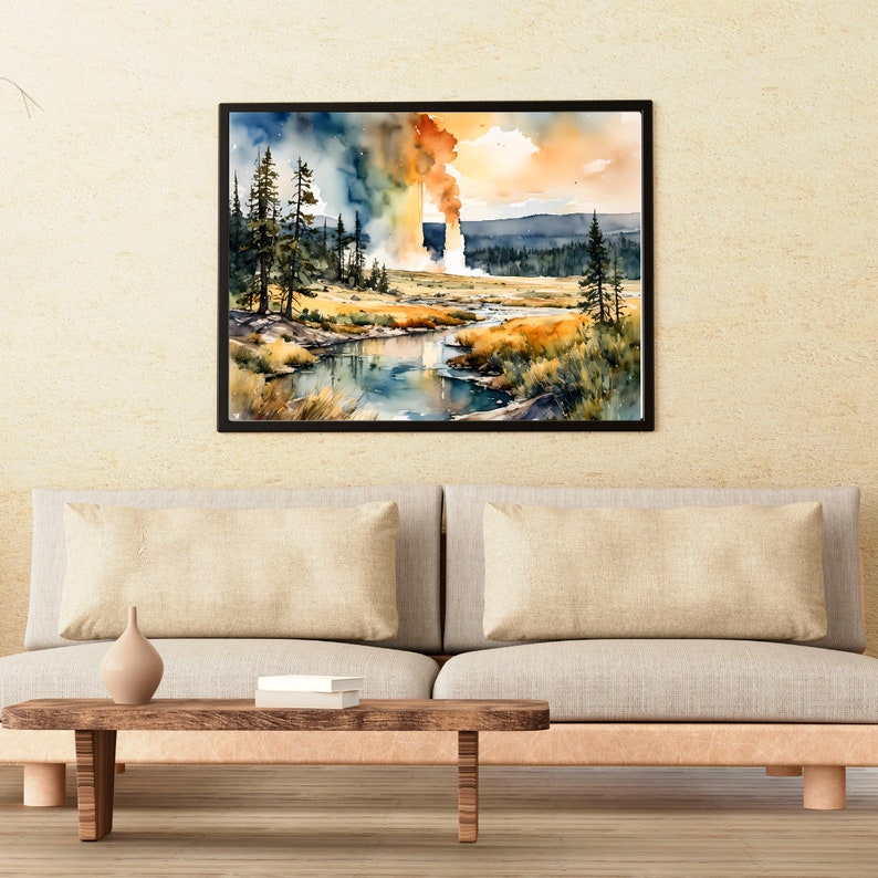 Scenic Yellowstone Painting of Erupting Geyser in Watercolor Landscape ...