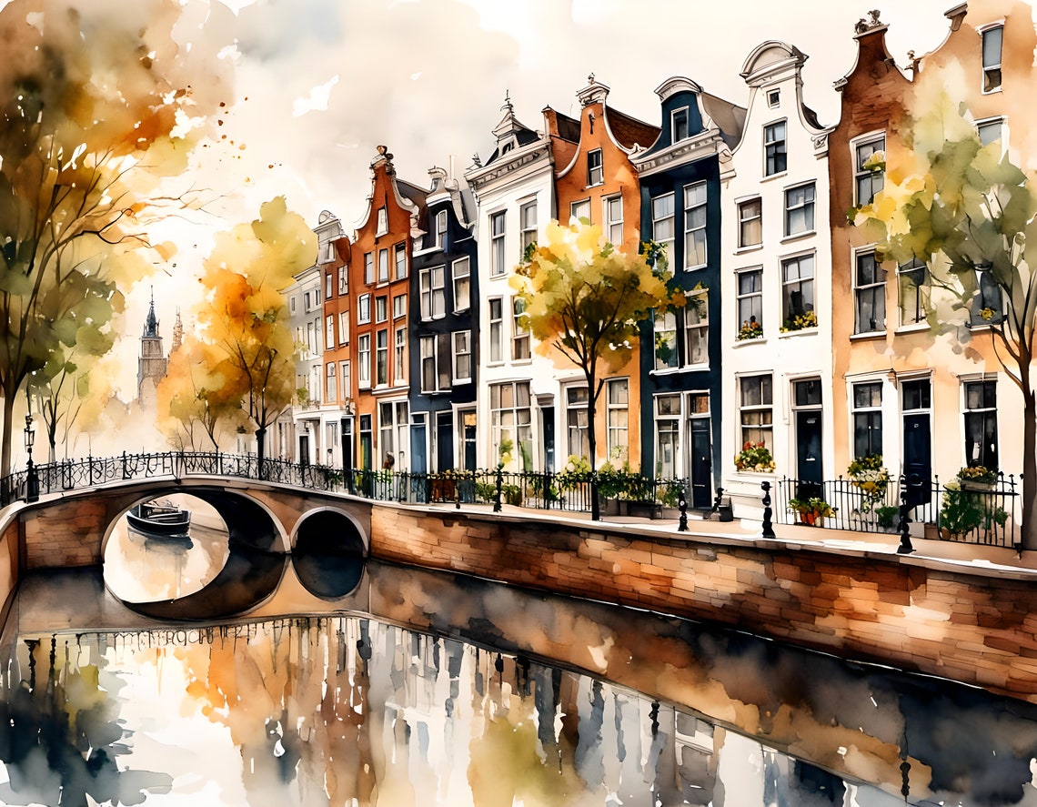 Cityscape of Amsterdam Streets and Canals Wall Art - Fall Autumn ...