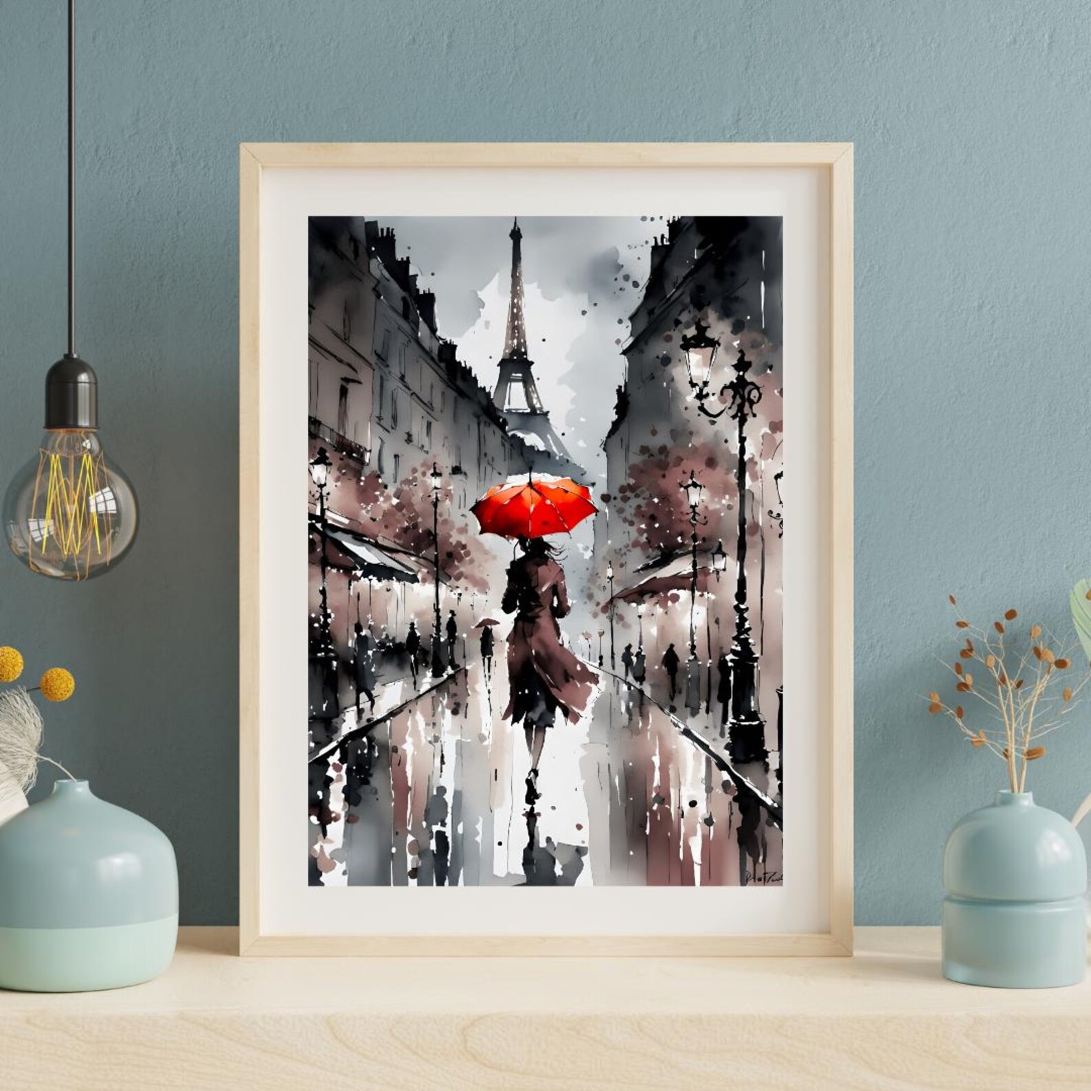 Minimalist Watercolor Lady in Paris With Red Umbrella - Abstract ...