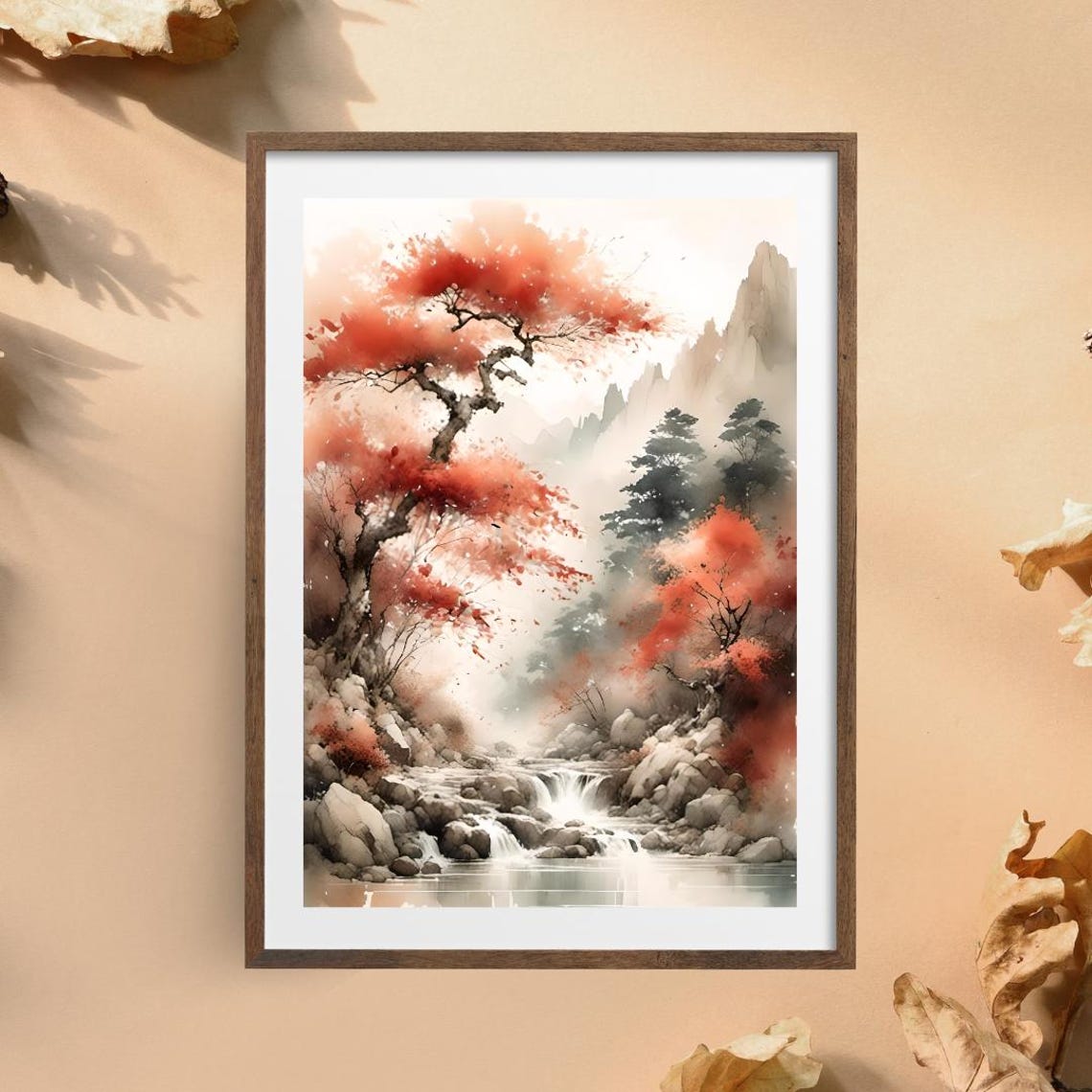 Soft Colors Japandi Wall Decor -red Maple and Waterfall Watercolor ...