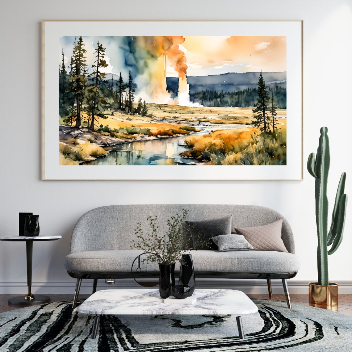 Scenic Yellowstone Painting of Erupting Geyser in Watercolor Landscape ...