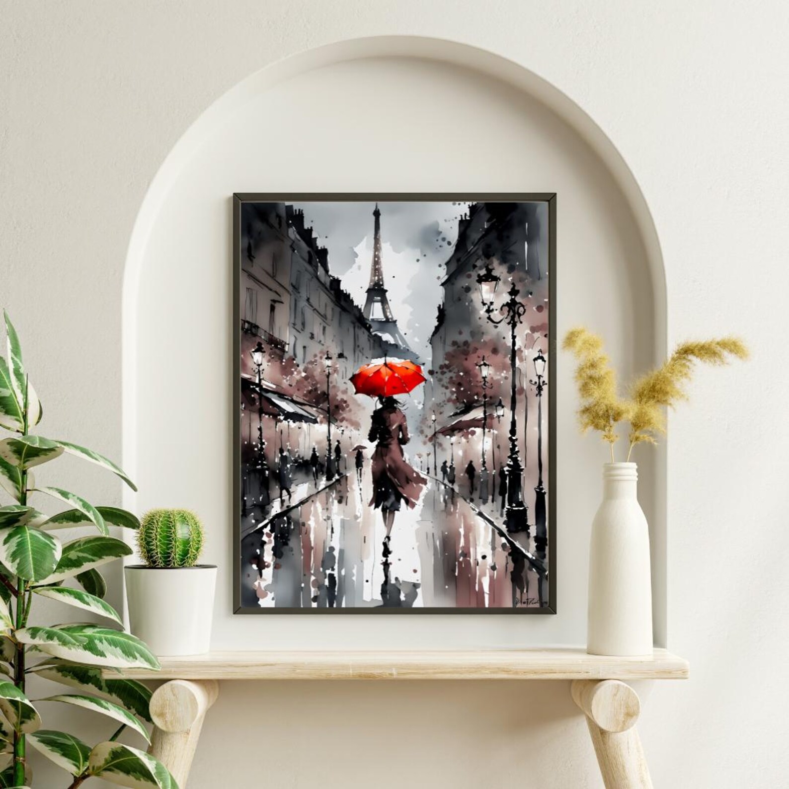 Minimalist Watercolor Lady in Paris With Red Umbrella - Abstract ...