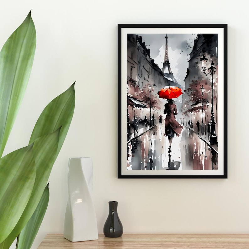 Minimalist Watercolor Lady in Paris With Red Umbrella - Abstract ...