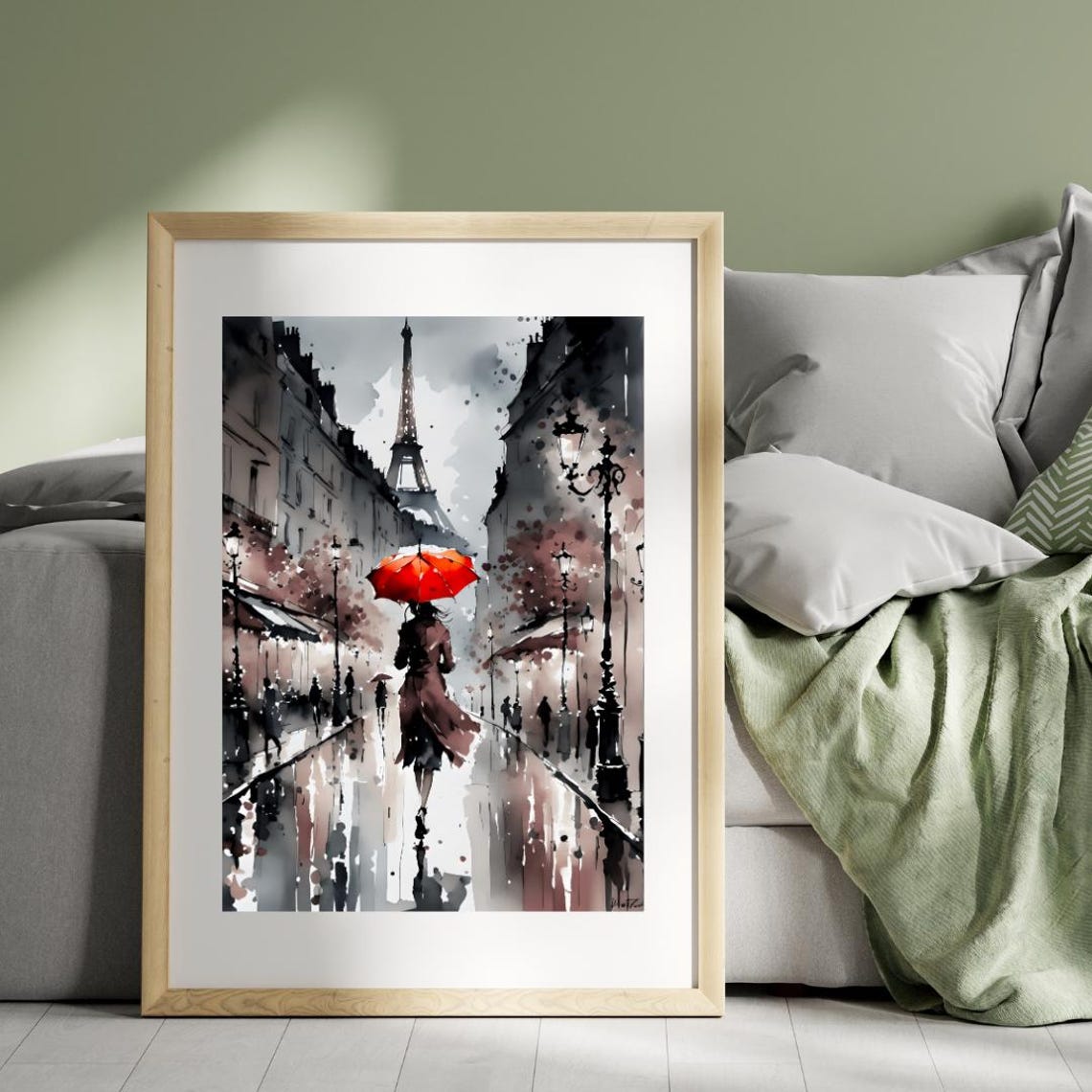 Minimalist Watercolor Lady in Paris With Red Umbrella - Abstract ...
