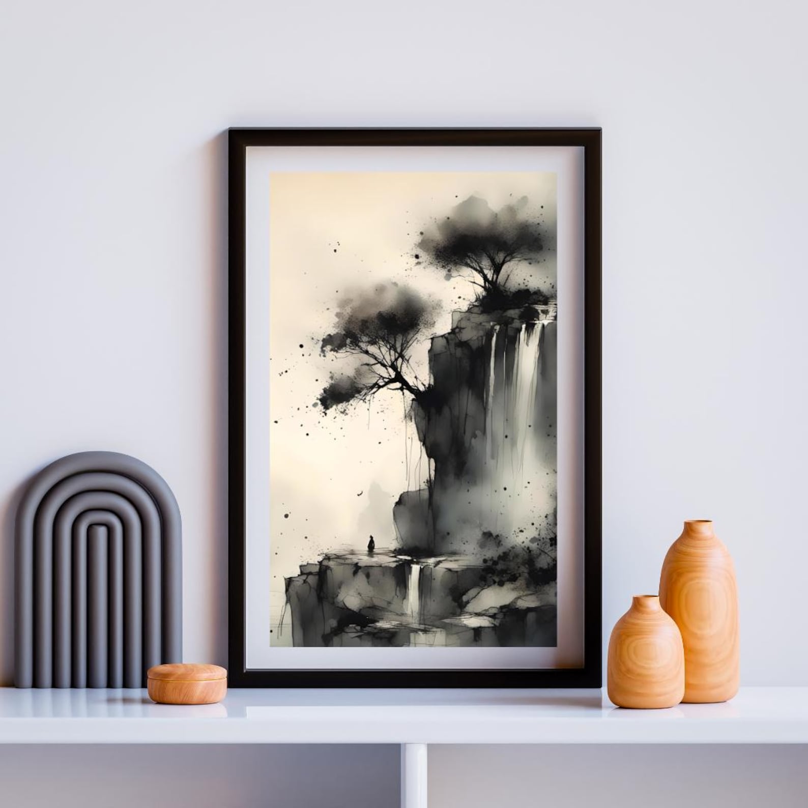 Japanese Mountains Waterfall Art: Pen and Ink Style, Japandi Minimalism ...