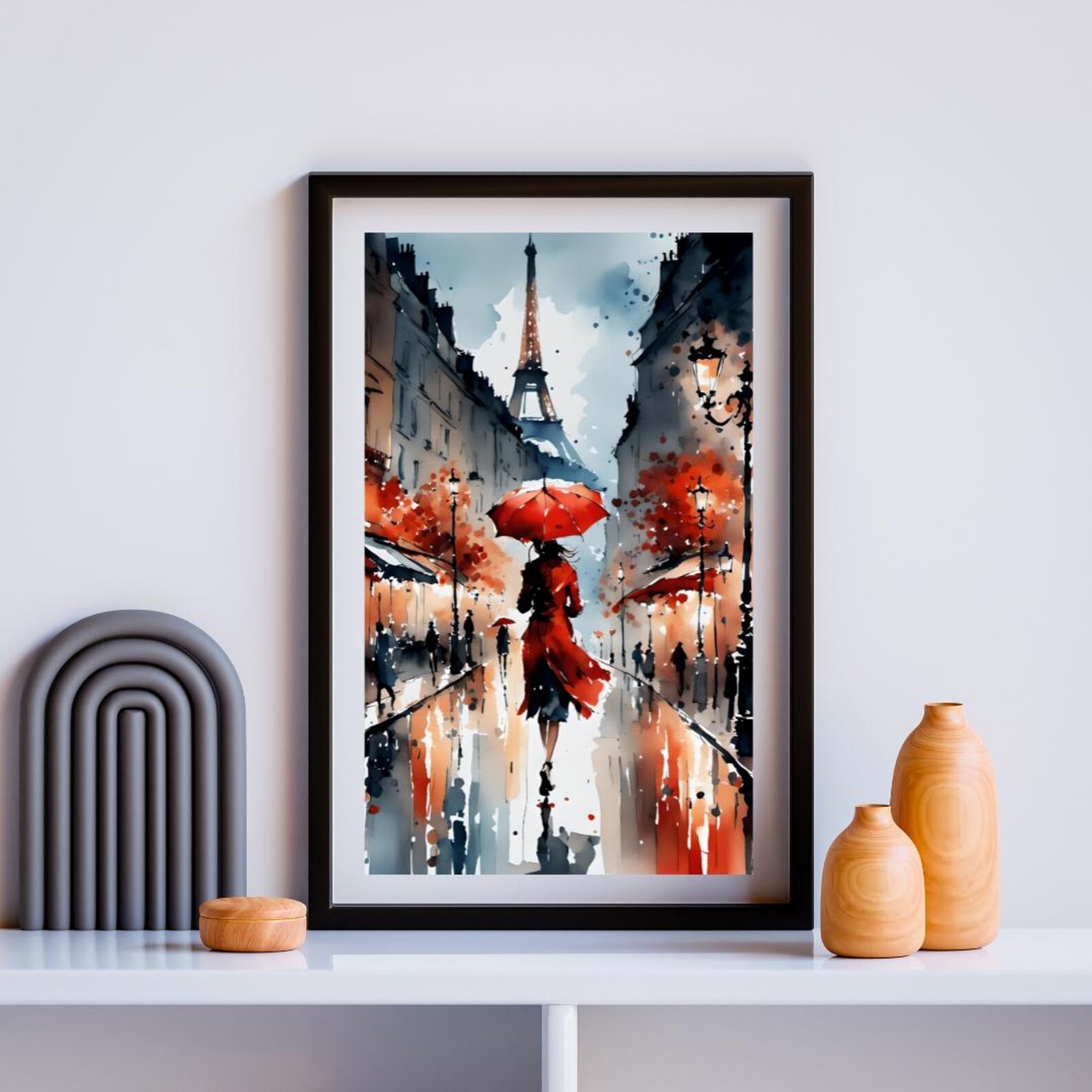 Minimalist Watercolor Lady in Paris With Red Umbrella - Abstract Wall ...