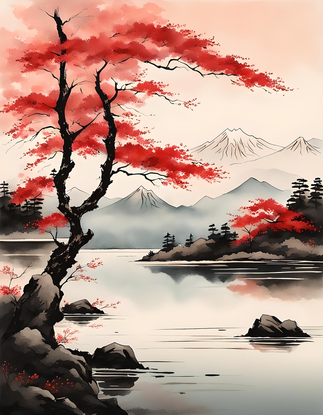 Lake Japanese Art Red Maple Tree Mountains Japandi, Zen, Digital ...