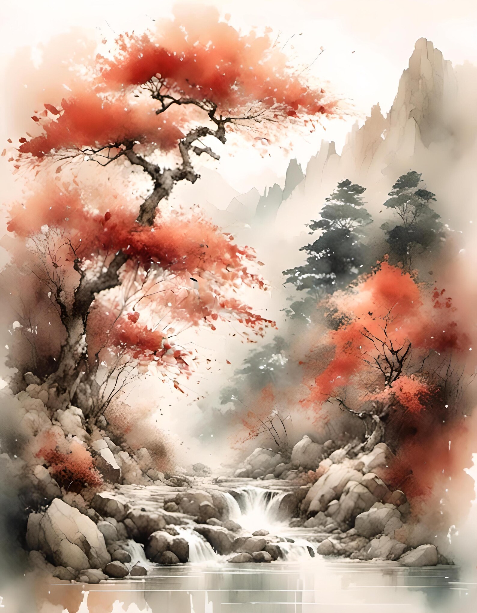Soft Colors Japandi Wall Decor -red Maple and Waterfall Watercolor ...
