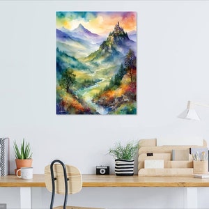 Glass Castle, Mountains, Trees, Watercolor, Wall Art, Digital Art ...