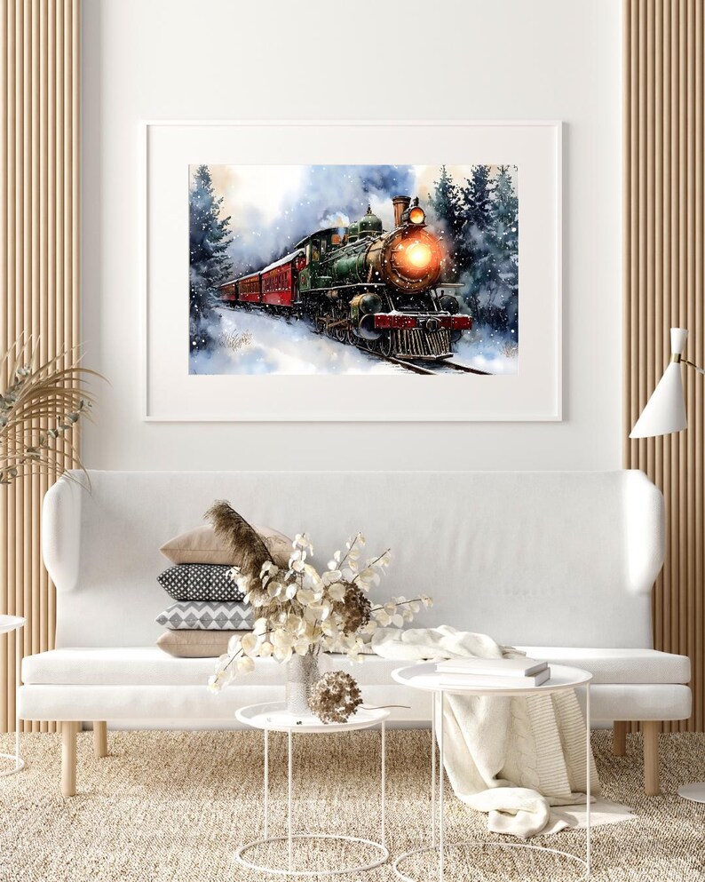 Holiday Watercolor Painting - Christmas Train Amidst Snowfall on ...